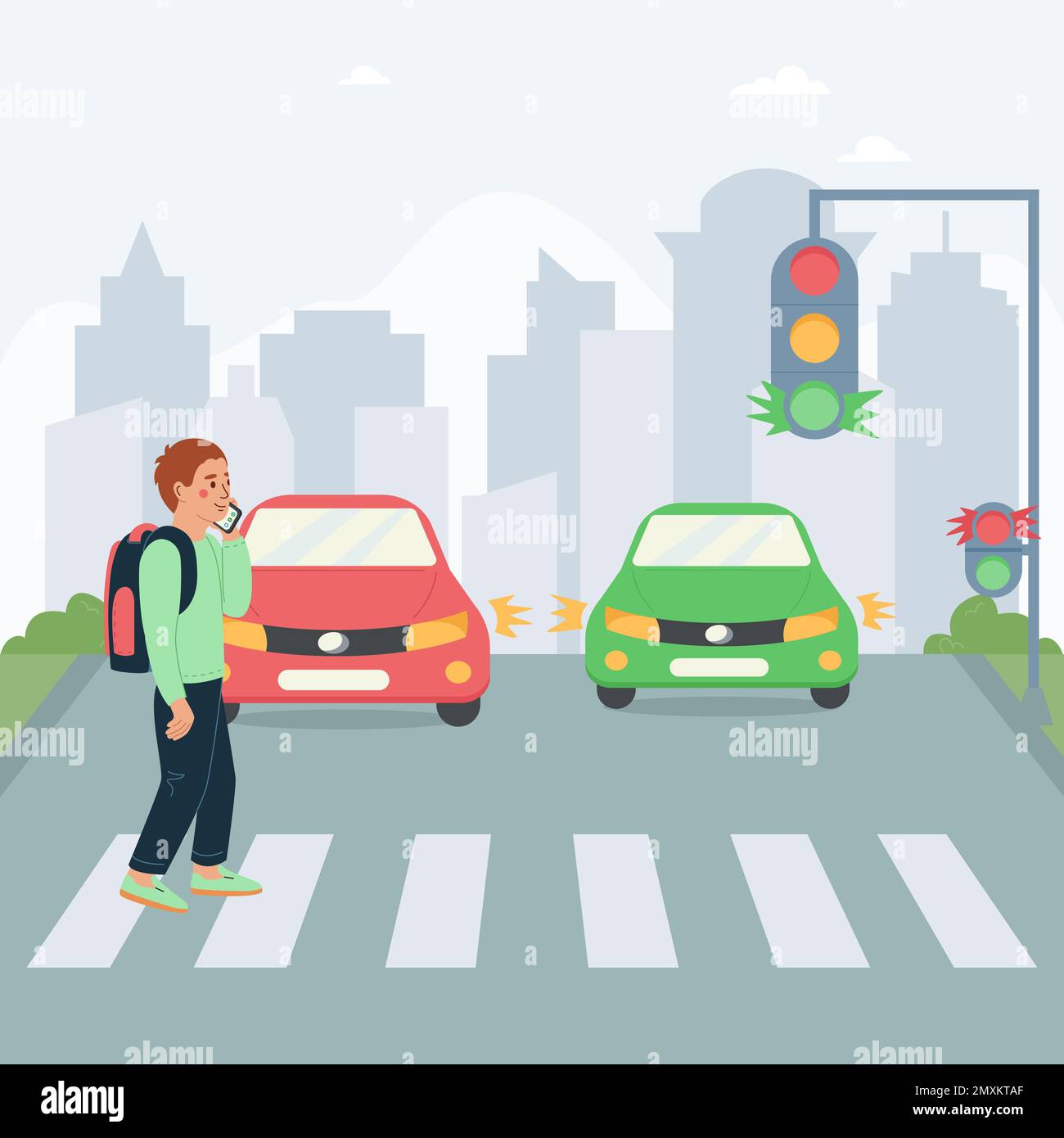 Children safety flat poster with schoolboy crossing street at red ...