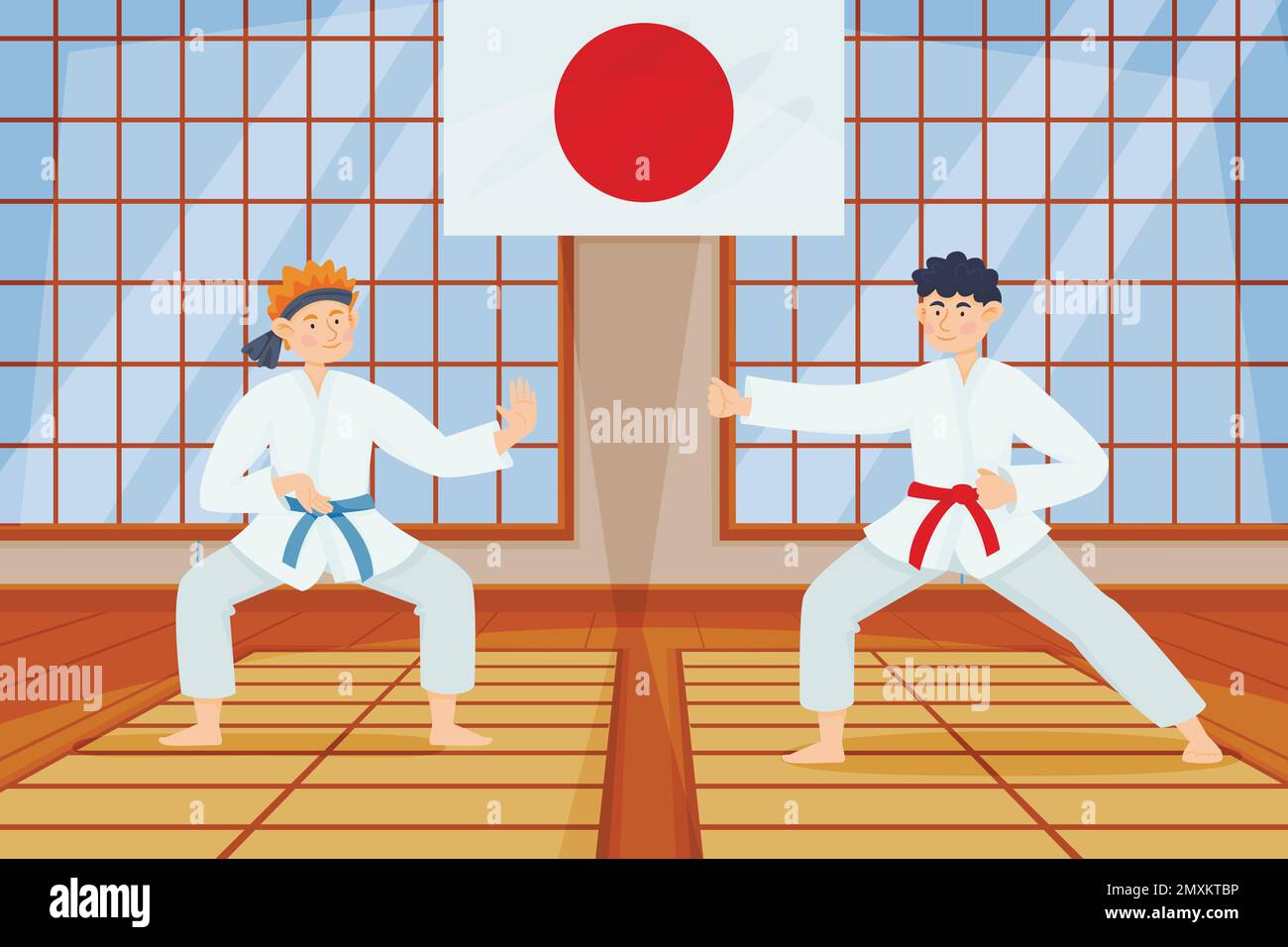 Fighters flat composition with indoor scenery and karate warriors ...