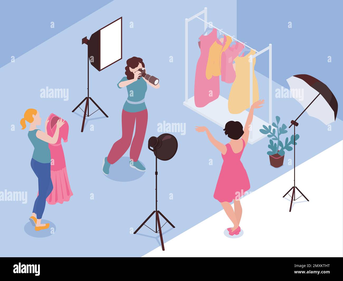 Fashion photo session isometric background with three girls posing ...