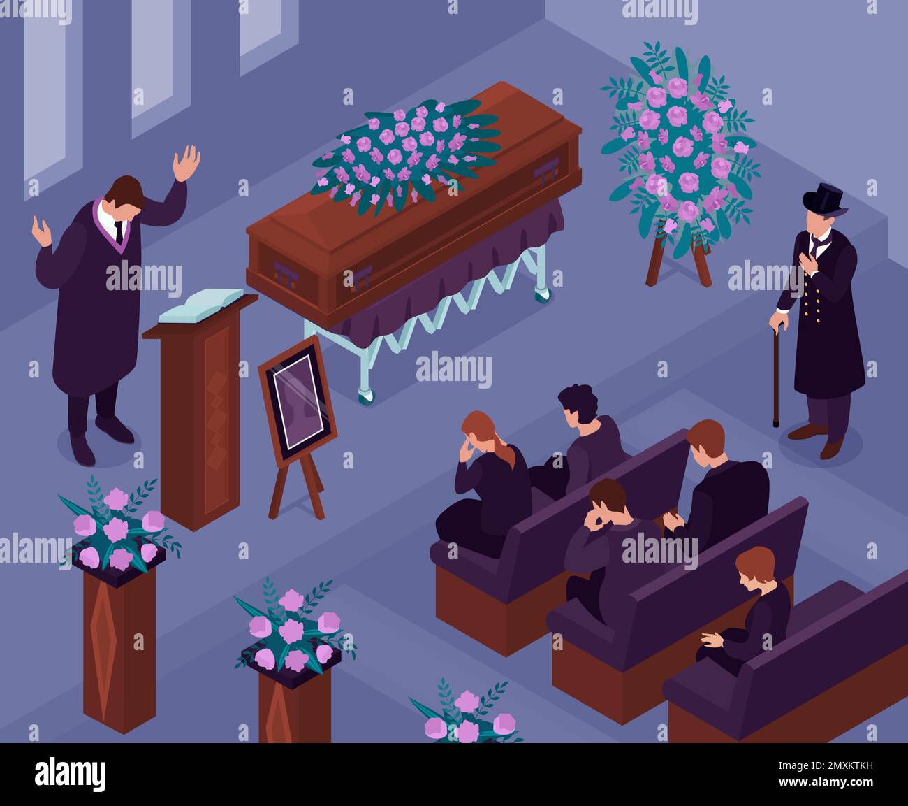 Funeral ceremony isometric background with priest and sad family members in black clothes near ...