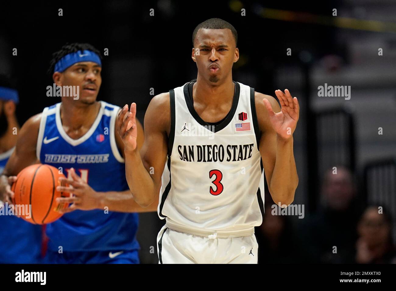 San Diego State guard Micah Parrish (3) reacts as he is called for a ...