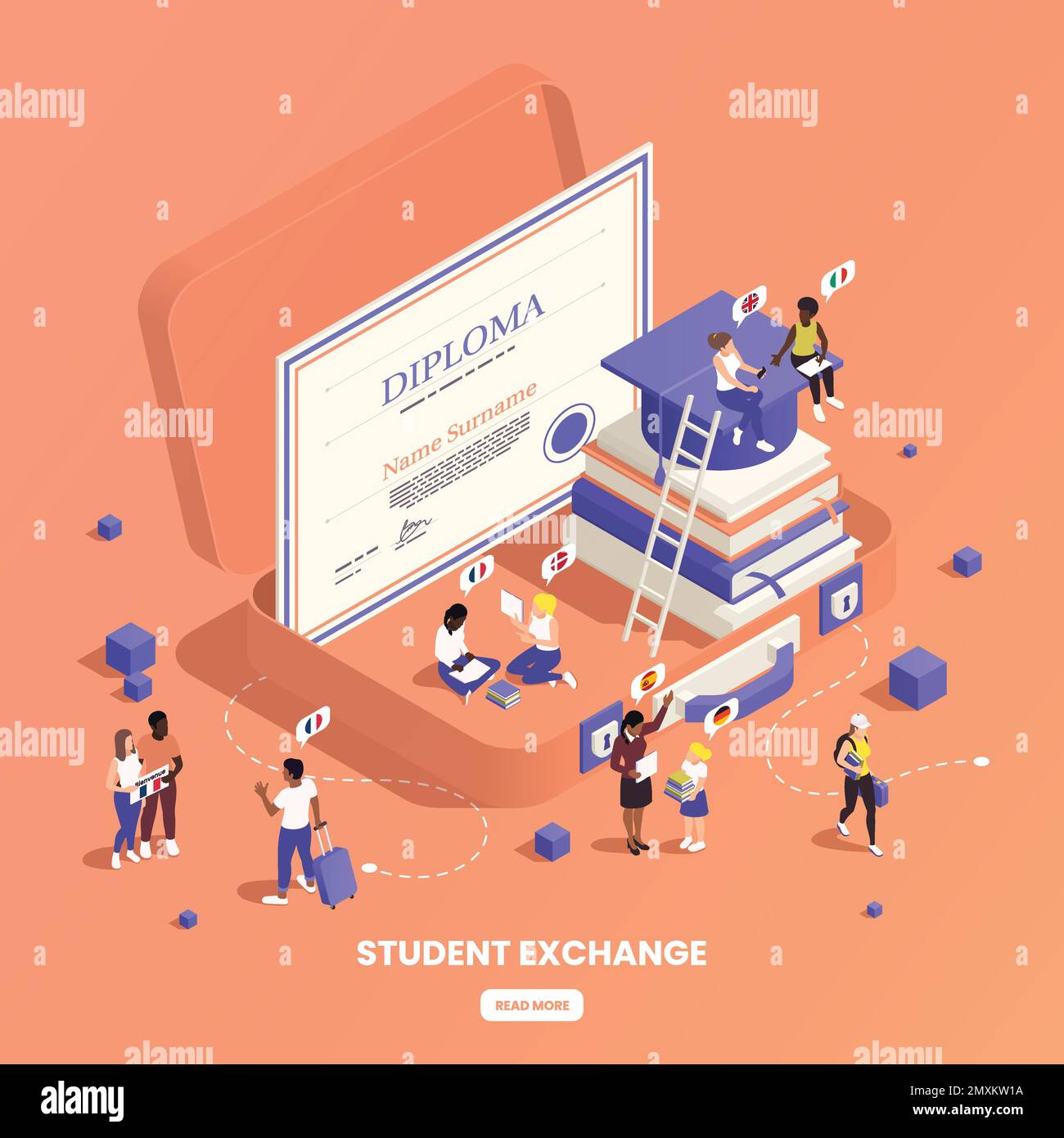 Global education student exchange isometric composition with editable ...