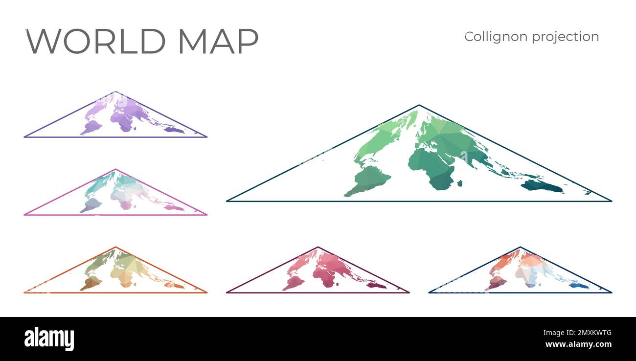 Low Poly World Map Set. Collignon equal-area pseudocylindrical ...
