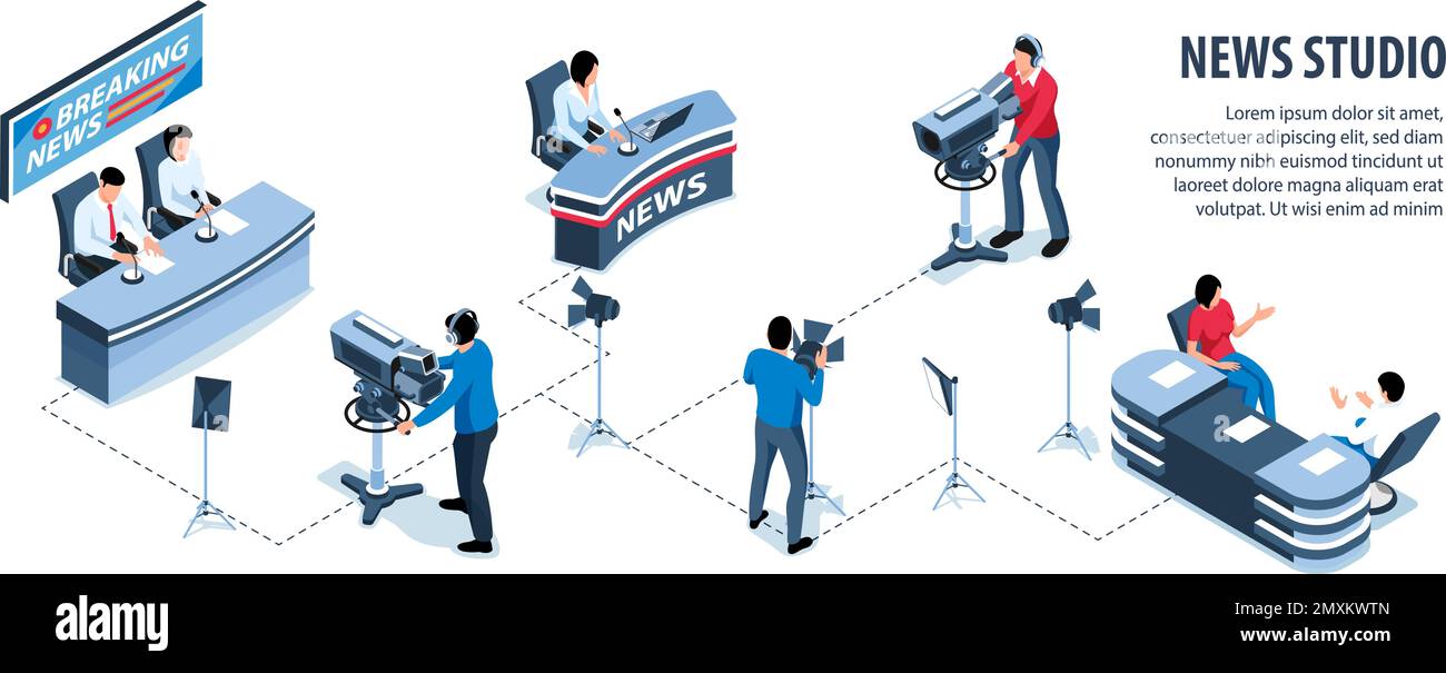 News studio isometric infographics with professional newscasters and ...