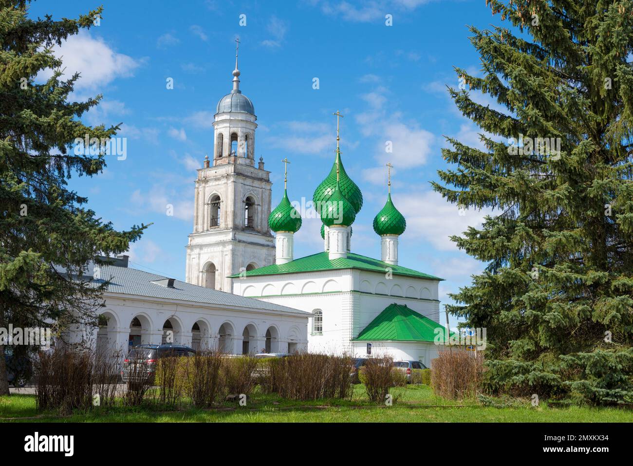 View of the bell tower and domes of the Trinity Cathedral on a sunny ...