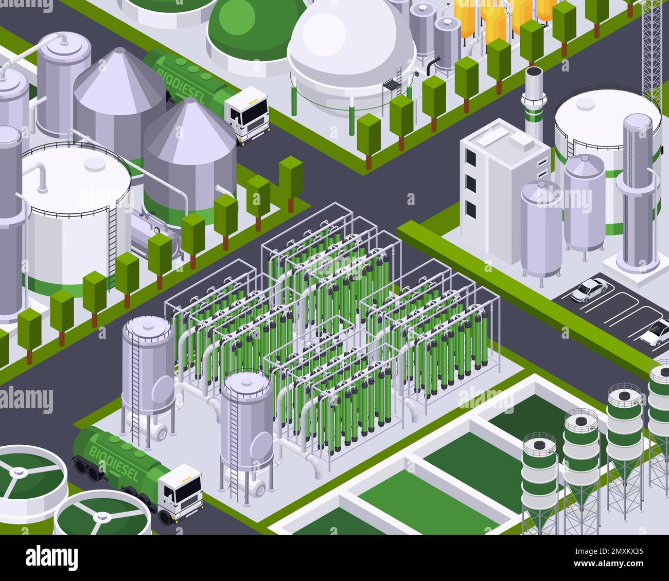 Bio fuel production isometric composition of outdoor scenery with ...