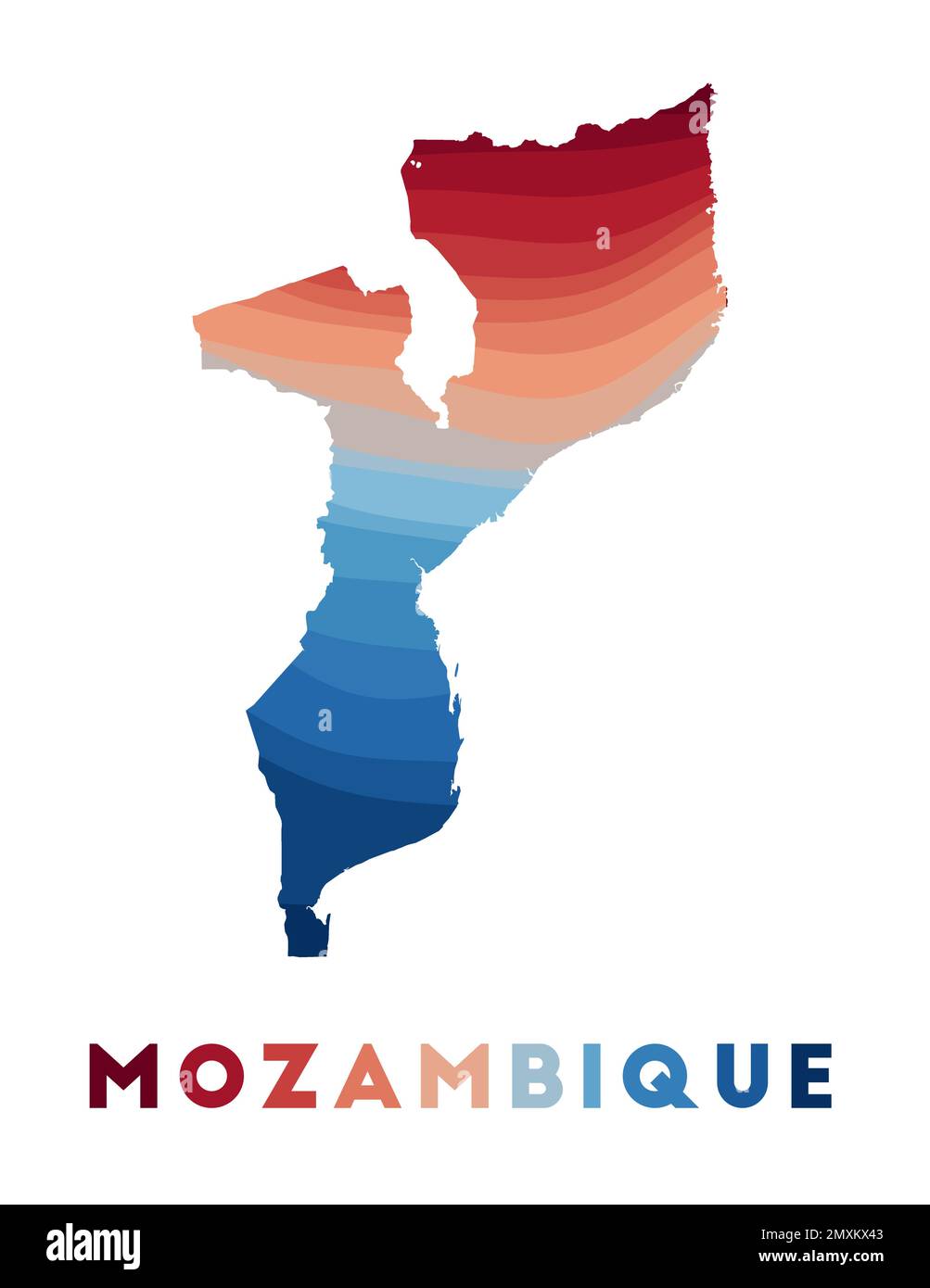 Mozambique map. Map of the country with beautiful geometric waves in red and blue colors. Vivid ...