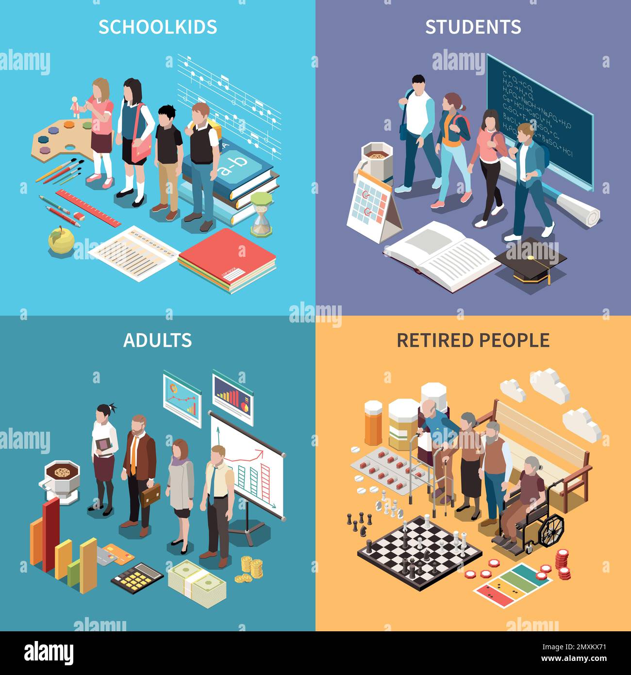 People generations 2x2 design concept set of schoolkids students adults ...