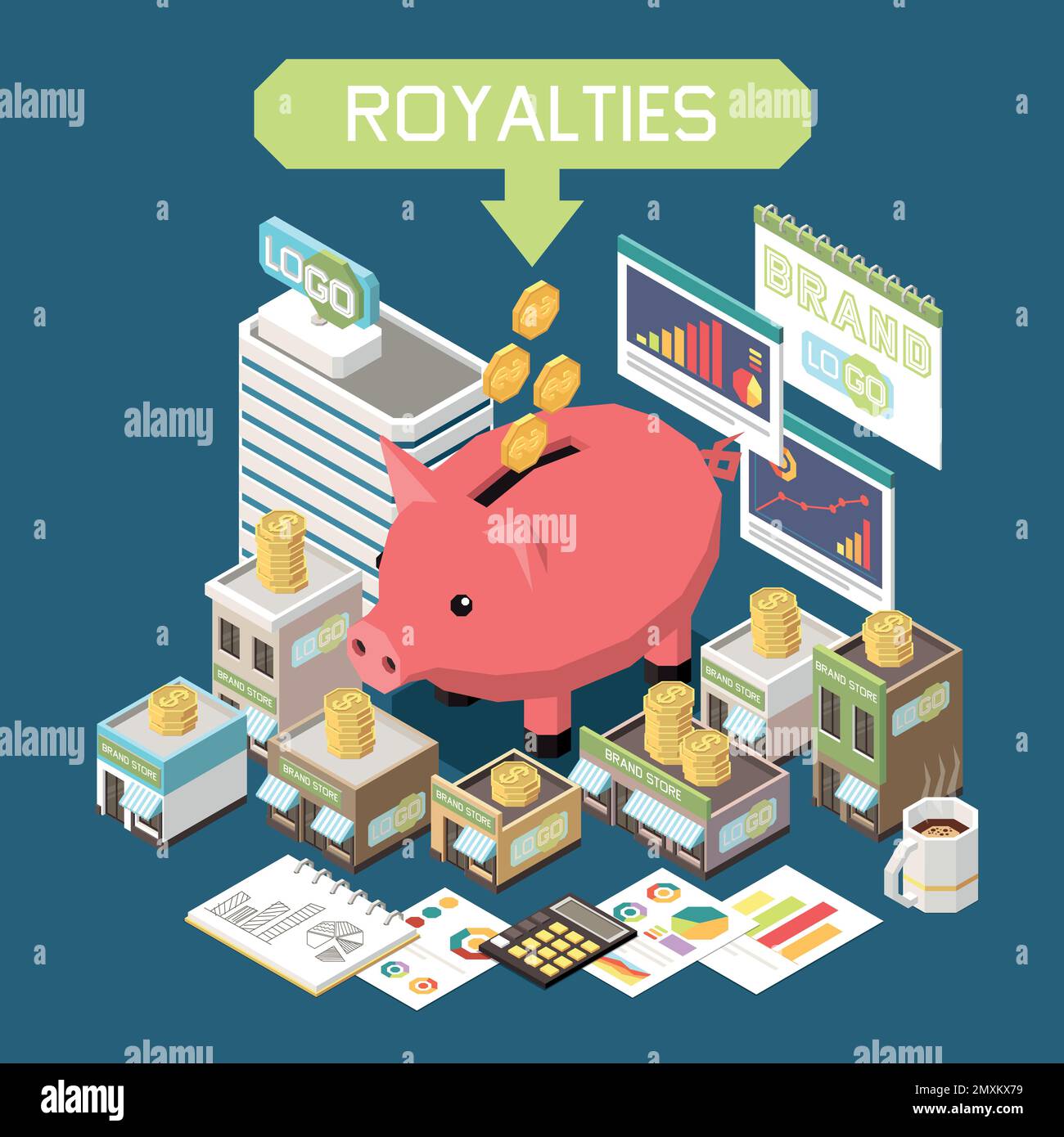Royalties in franchise business isometric background with coins falling ...