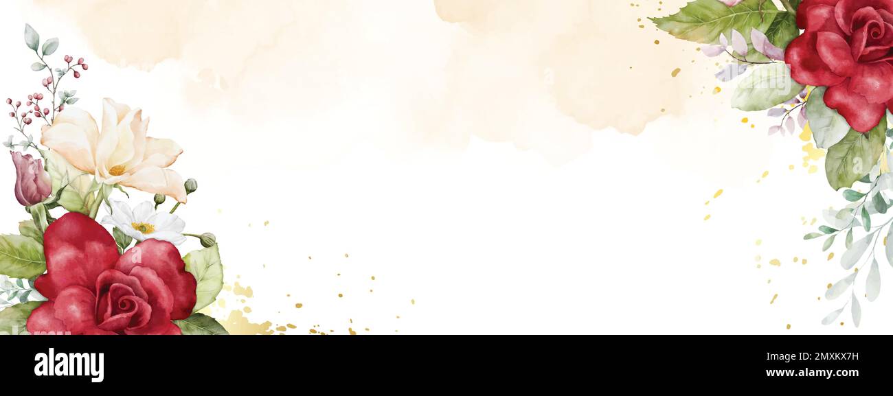 Abstract watercolor art banner background design with red roses flowers ...