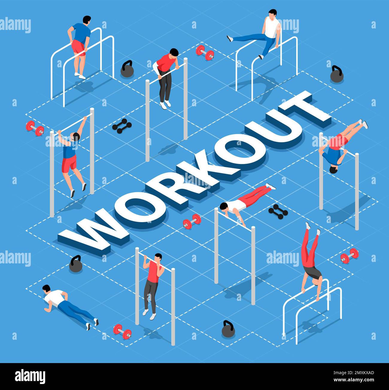 Isometric workout flowchart with men doing exercises on bars against ...
