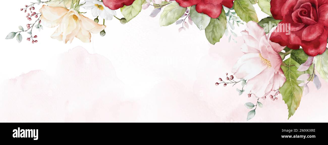 Abstract watercolor art banner background design with red roses flowers ...