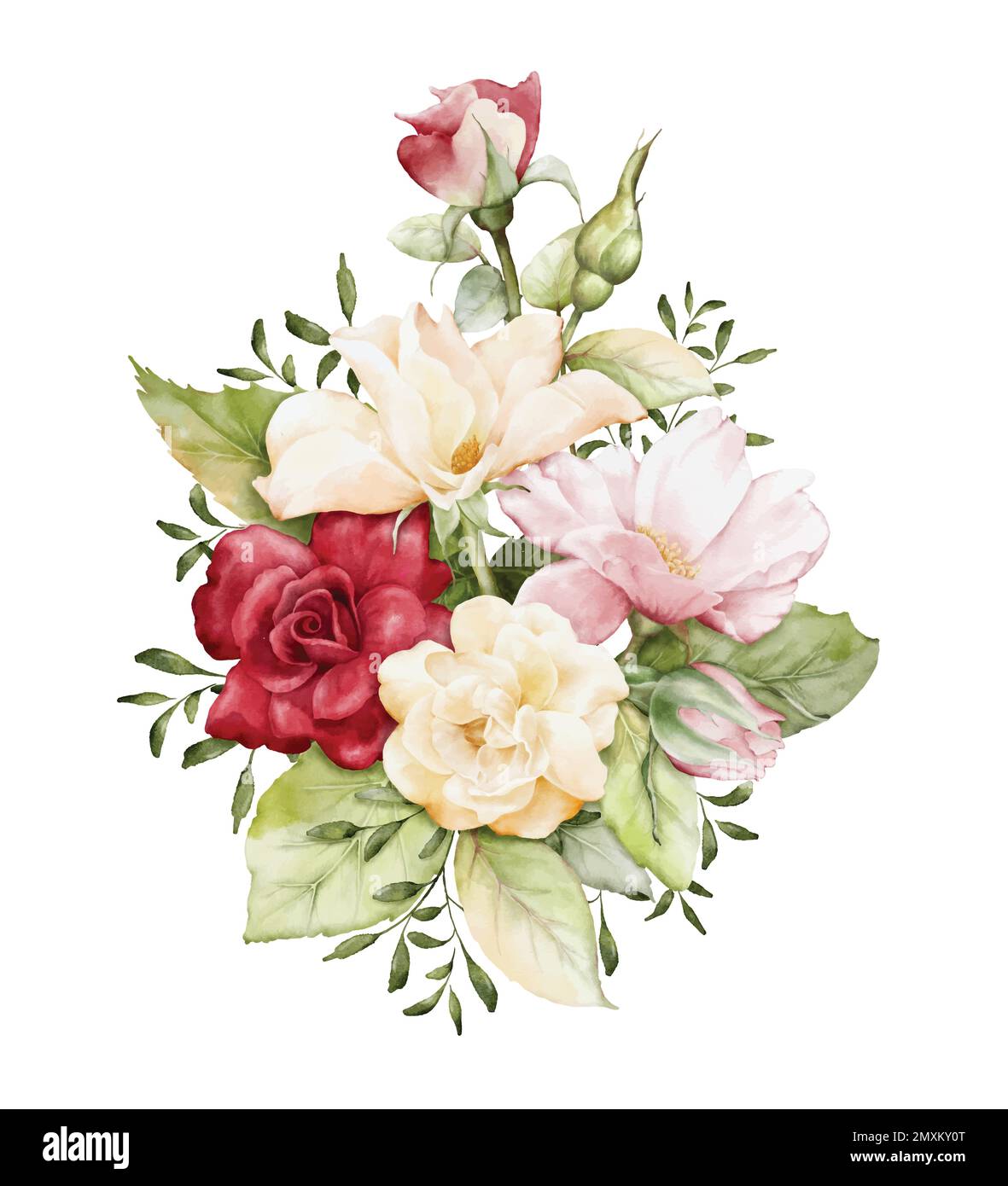 Watercolor arrangements with rose flowers. Bouquets of pink, red ...