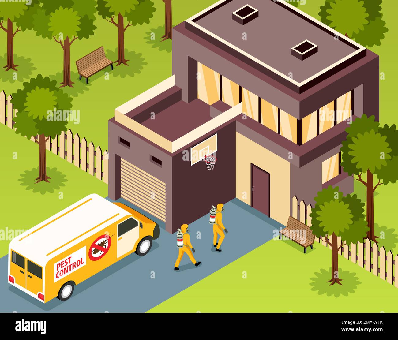 Pest control service van and two workers in protective suits coming to ...