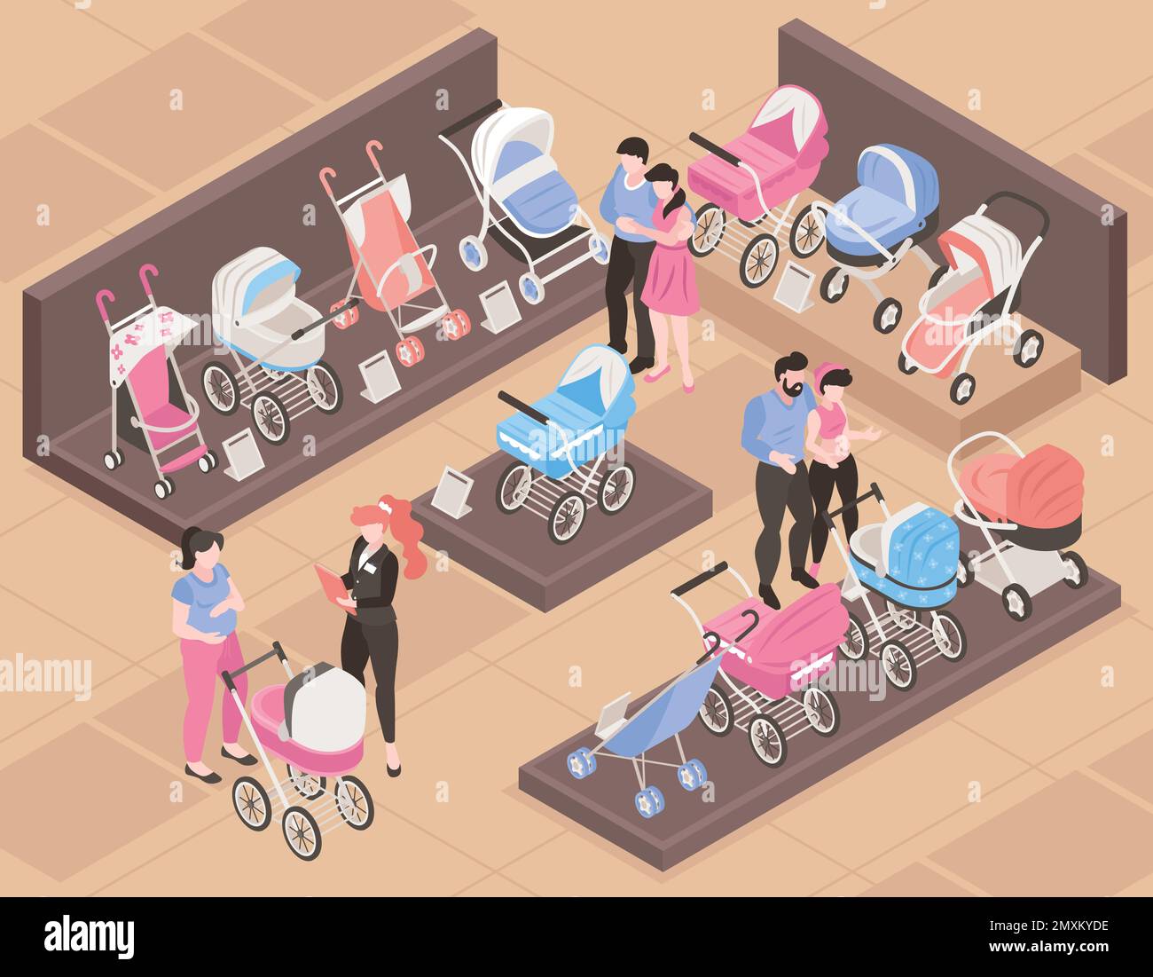 Isometric baby carriage store concept with parents choosing strollers ...