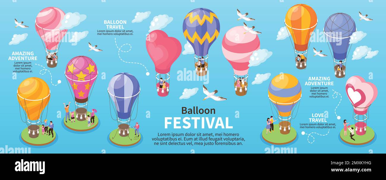 Isometric hot air balloon festival and travel infographics vector ...