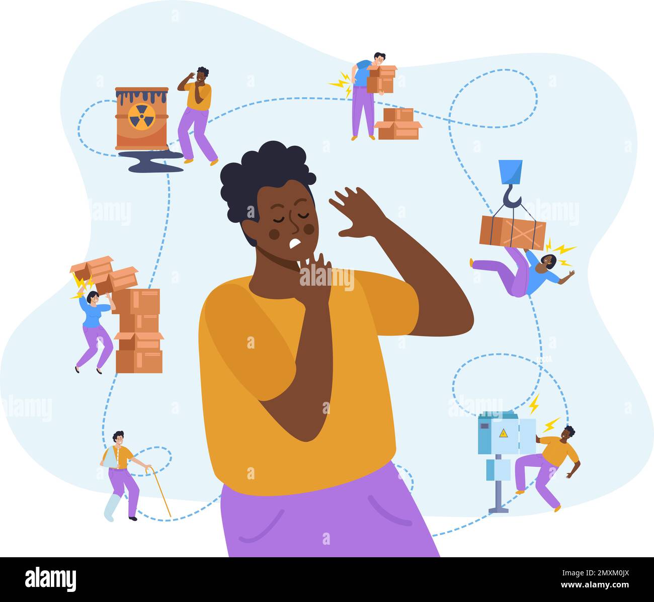 Workplace safety flat background with men and women experiencing ...