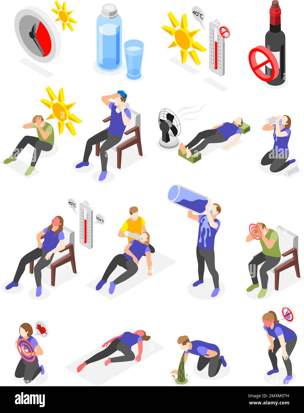 Heat stroke isometric set with isolated icons of water glass clock sun ...