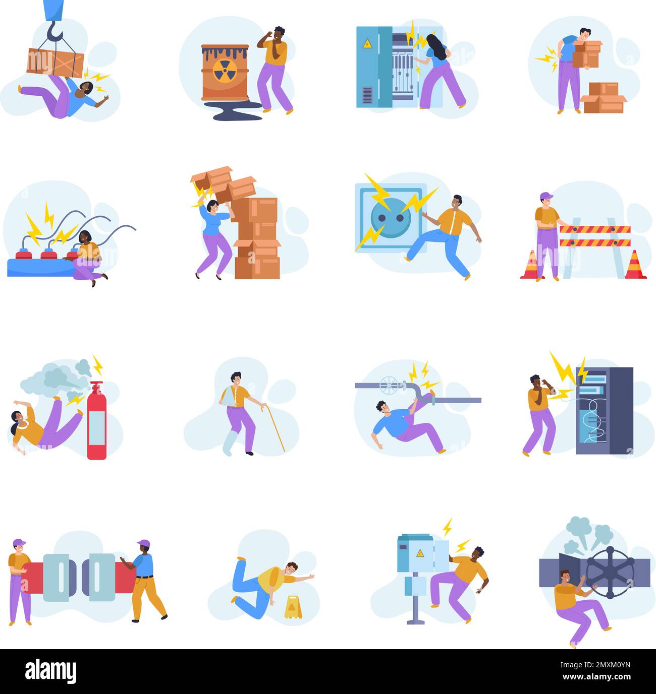 Workplace safety flat icons set with human characters having various ...