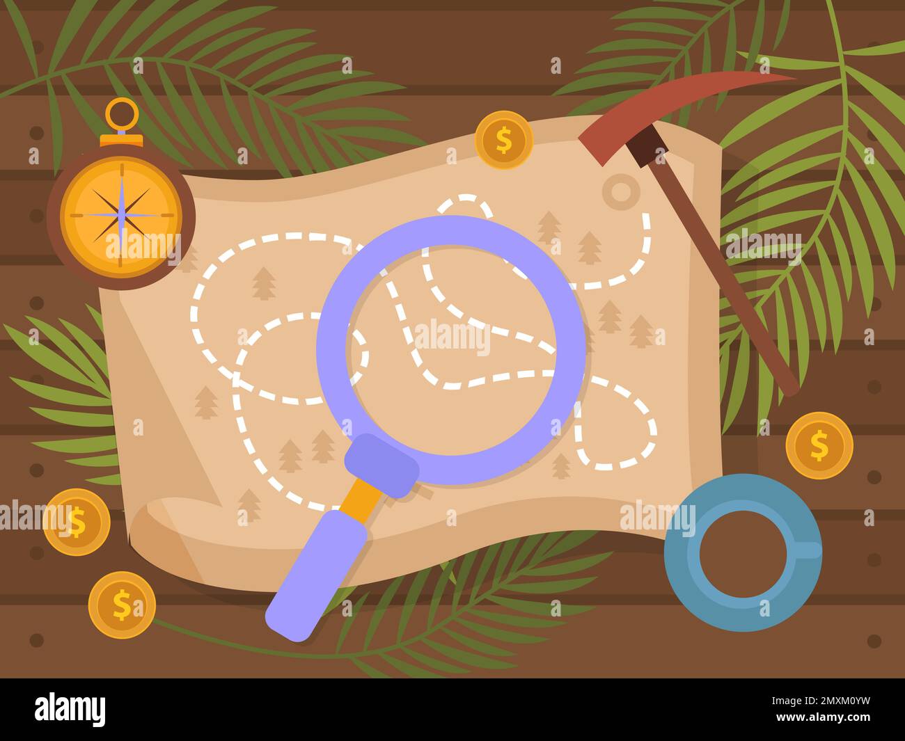 Treasure hunt flat composition with top view of magnifier on map with ...