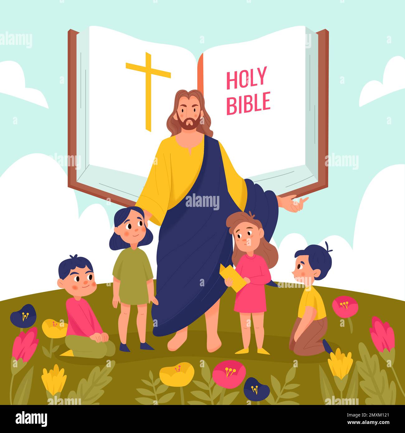 Jesus Christ and kids background with Holy Bible symbols flat vector ...