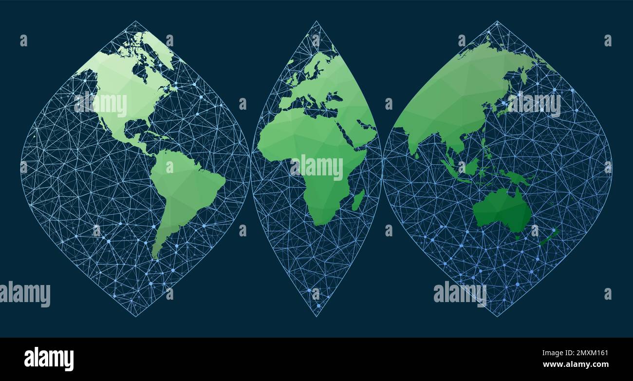 Abstract map of world network. Interrupted Sinusoidal projection. Green ...