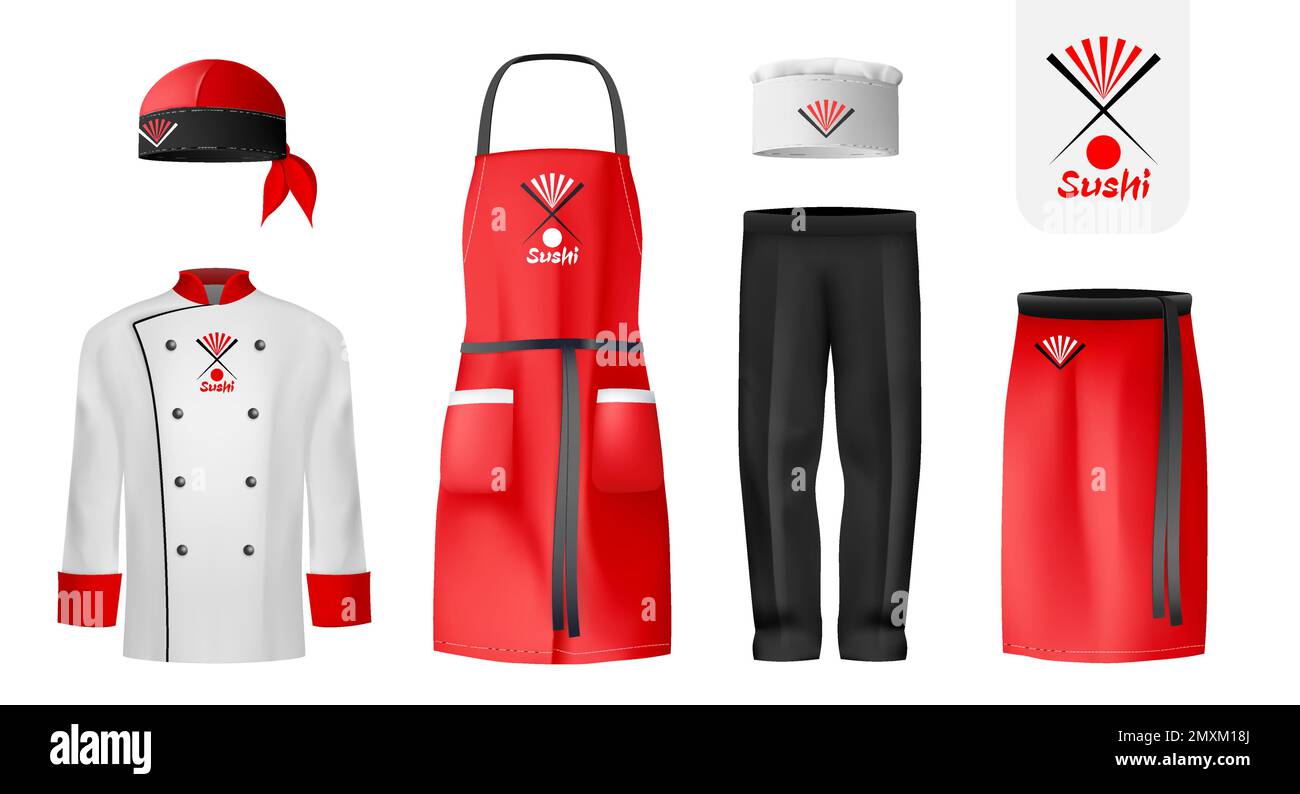 Realistic culinary clothing sushi icon set mens tunic pants apron ...