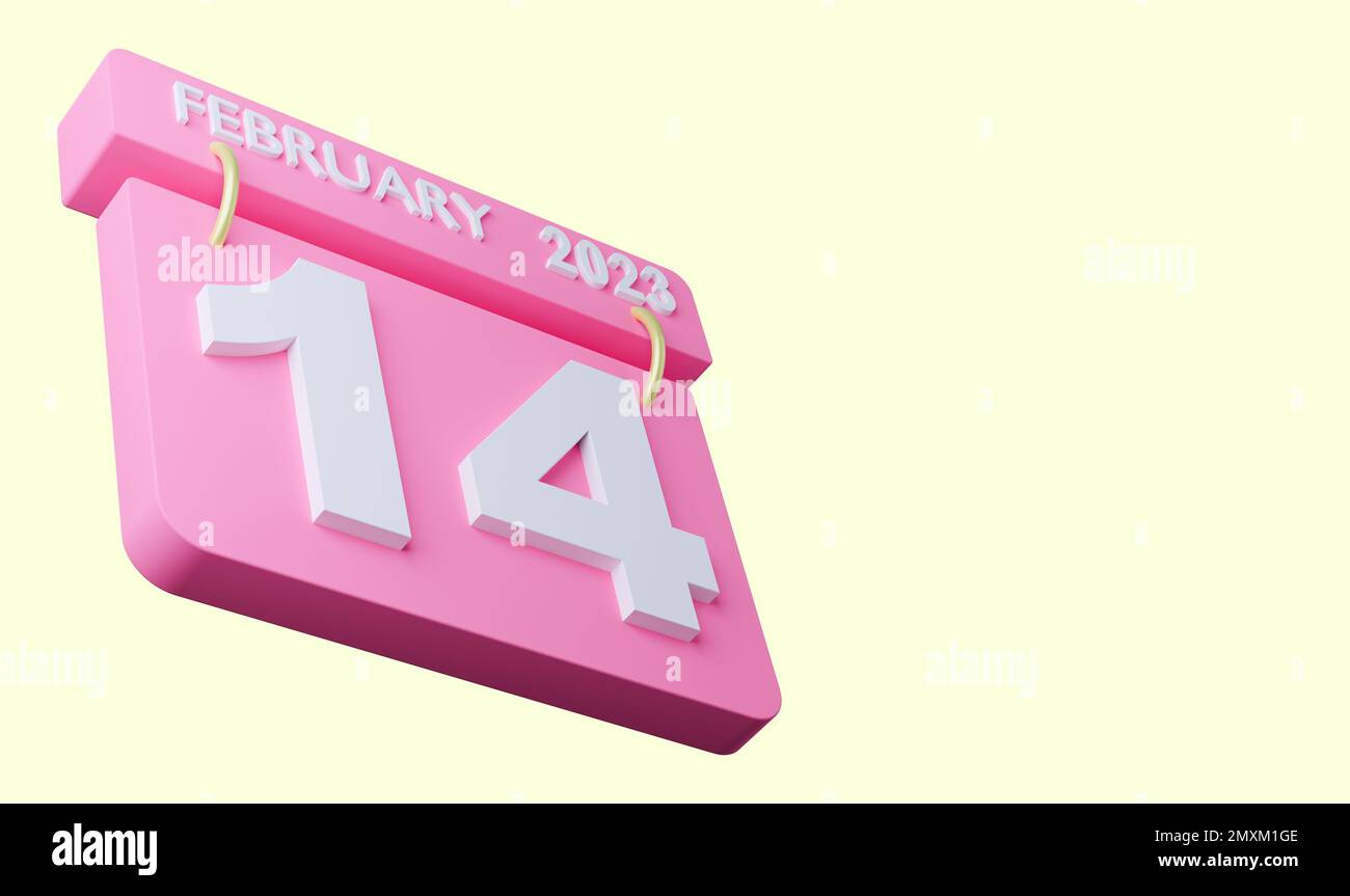 3D rendering February 14 calendar icon on yellow background with copy ...