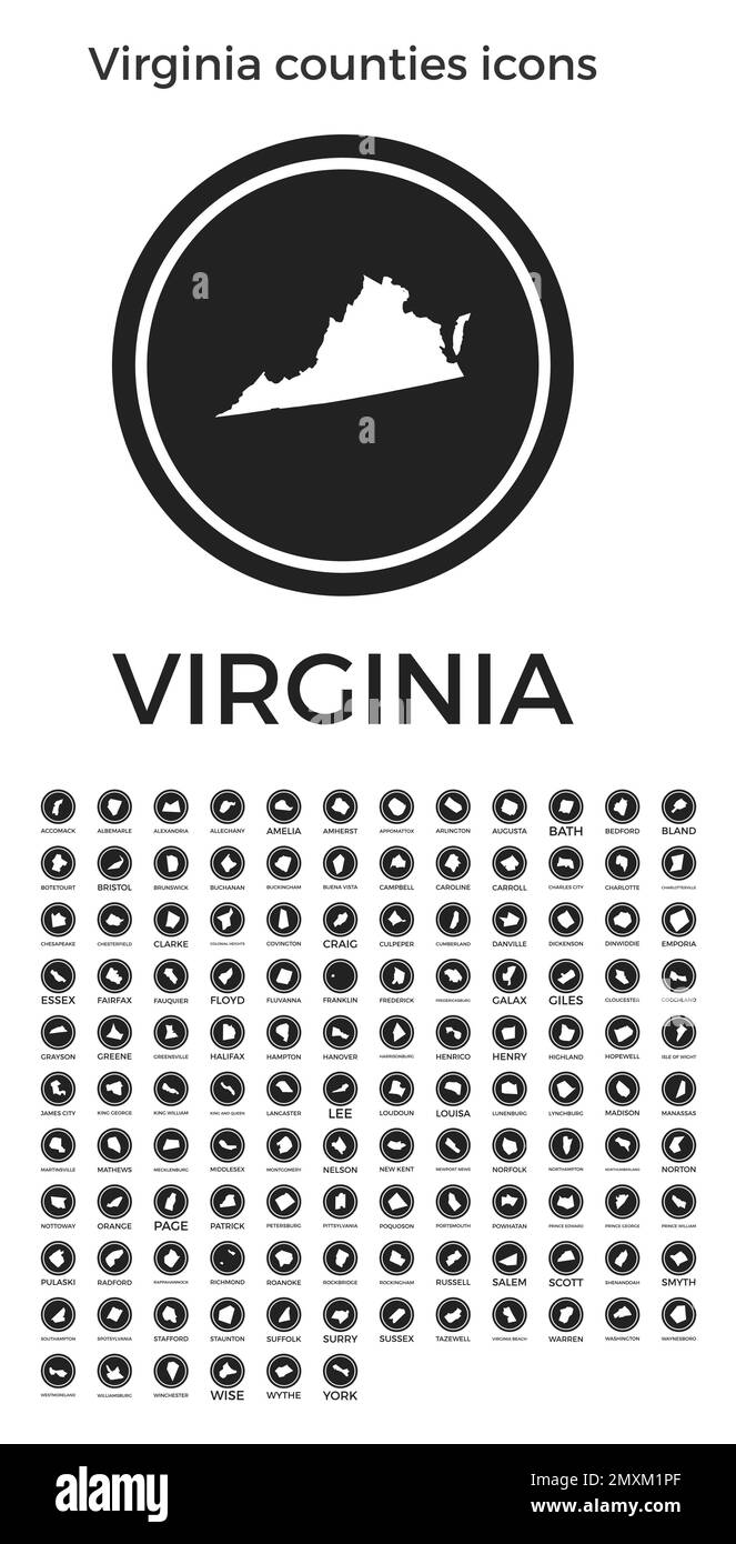 Virginia counties icons. Black round logos with US state counties maps and titles. Vector ...