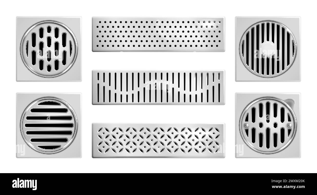 Realistic drainage grates shower icon set square and rectangular drains ...