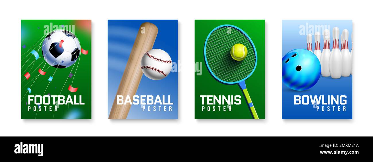 Realistic sport colored vertical poster set football baseball tennis ...