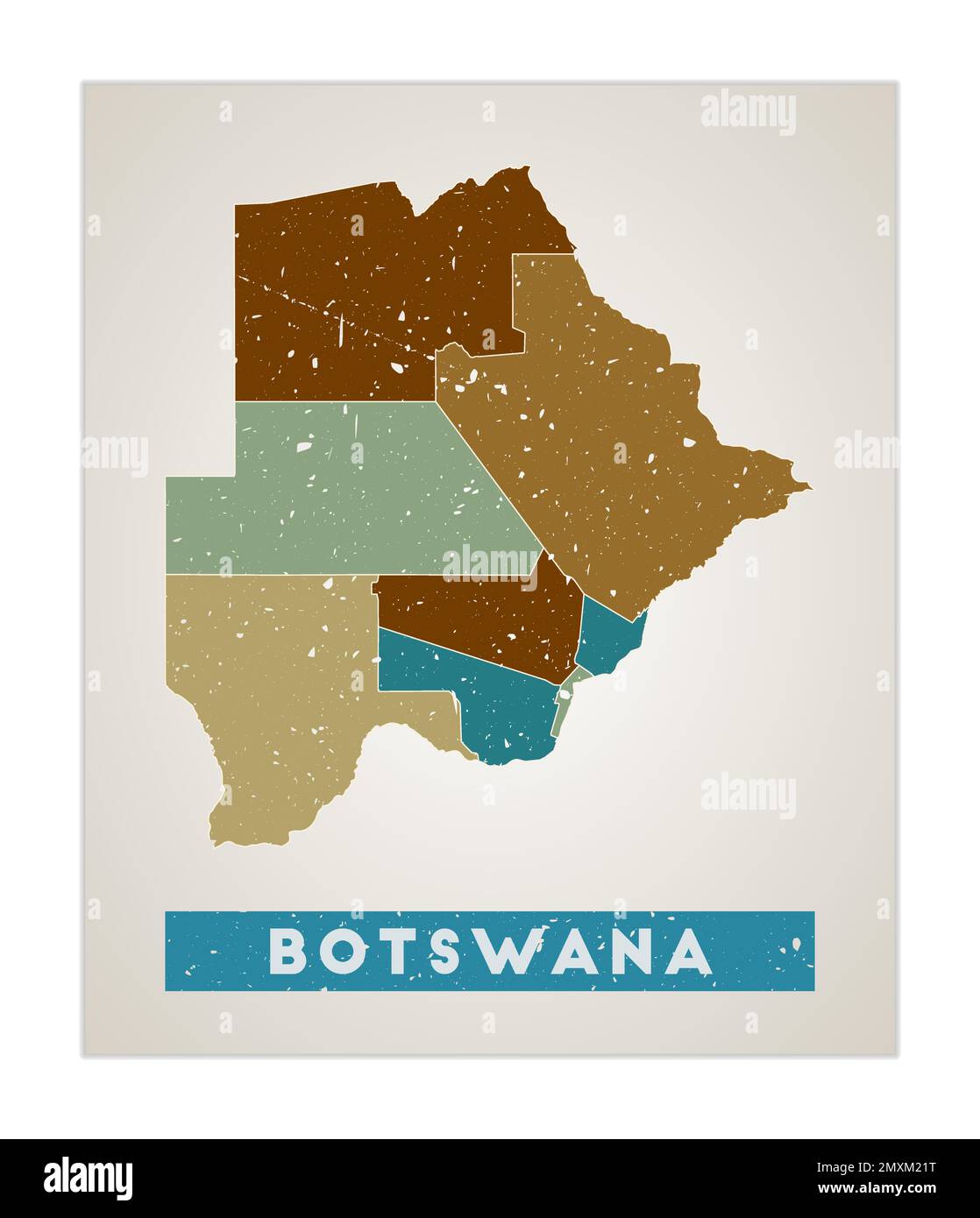 Botswana map. Country poster with regions. Old grunge texture. Shape of Botswana with country ...
