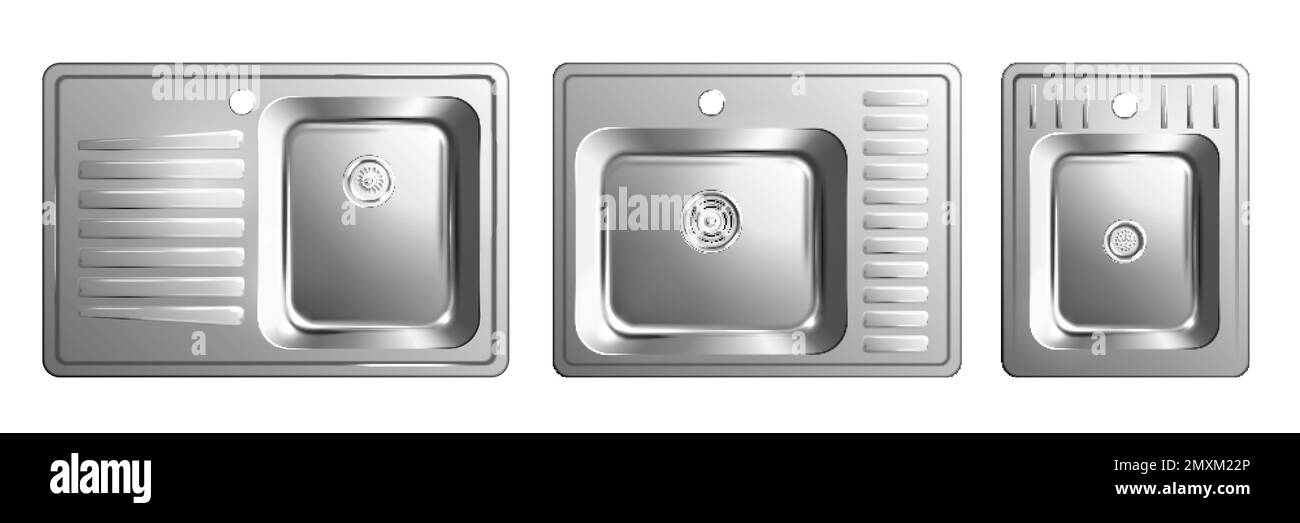 Realistic metal sink icon set three different metal sinks with a drying ...