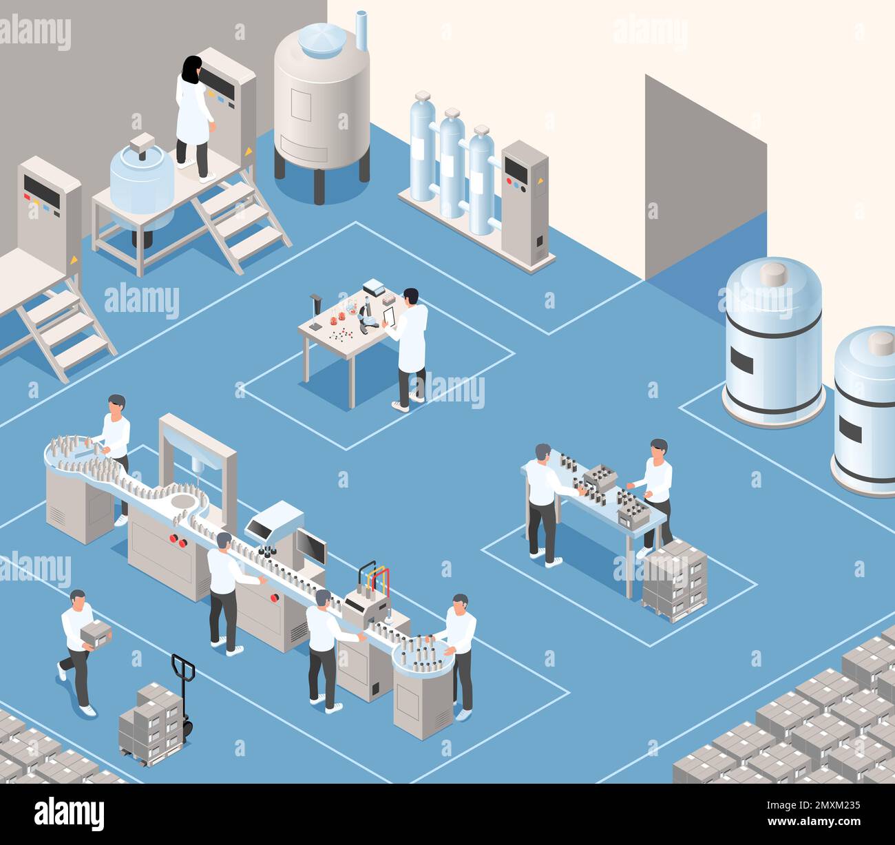 Cosmetics production isometric background with staff working in filling ...