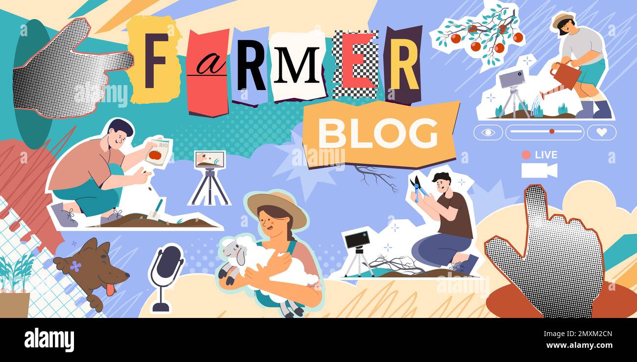Farmer blog flat collage background with ornate letters stickers and ...