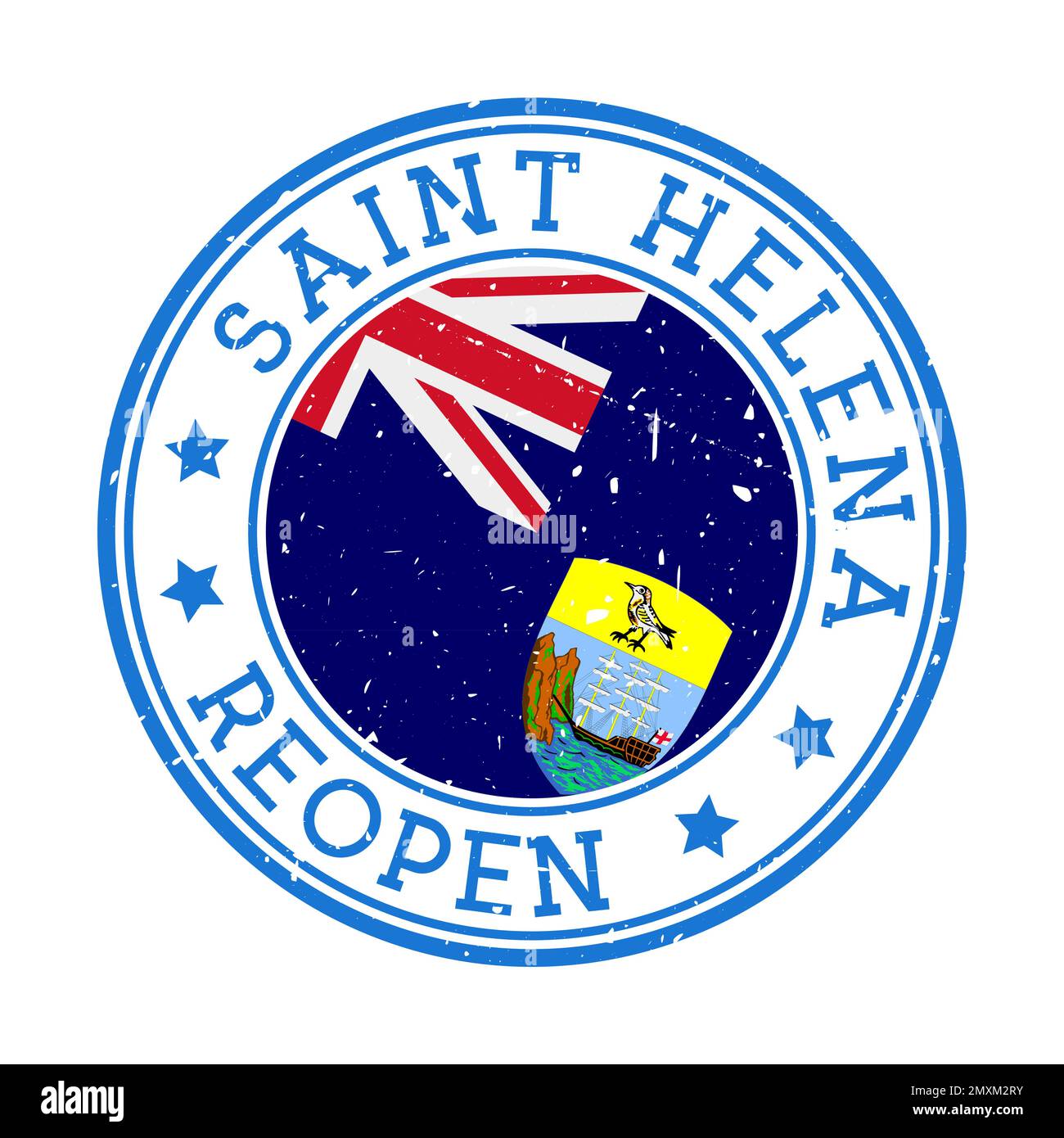 Saint Helena reopening stamp. Round badge of country with flag of Saint Helena. Reopening after ...