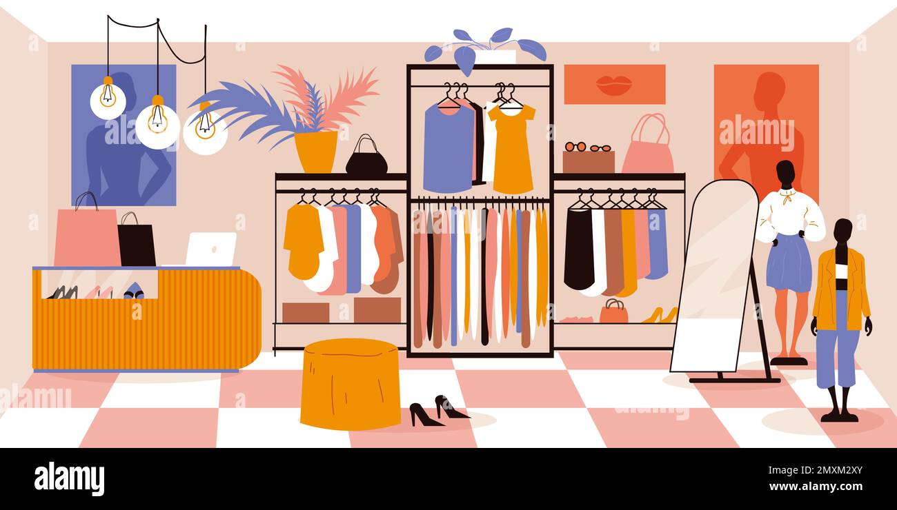 Fashionable clothes boutique background with woman fashion symbols flat ...