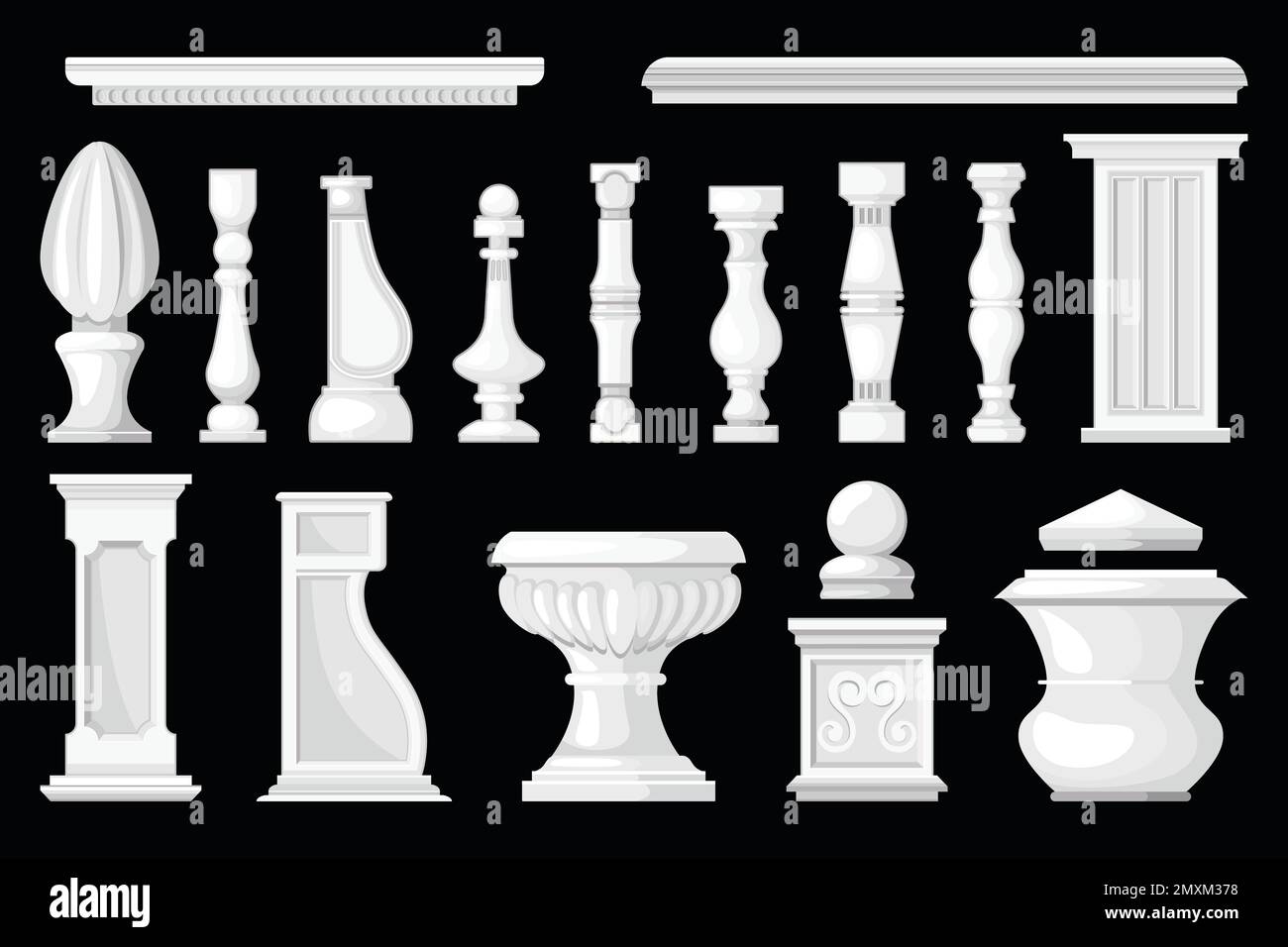 Set with isolated images of stone balusters vases and columns of white ...