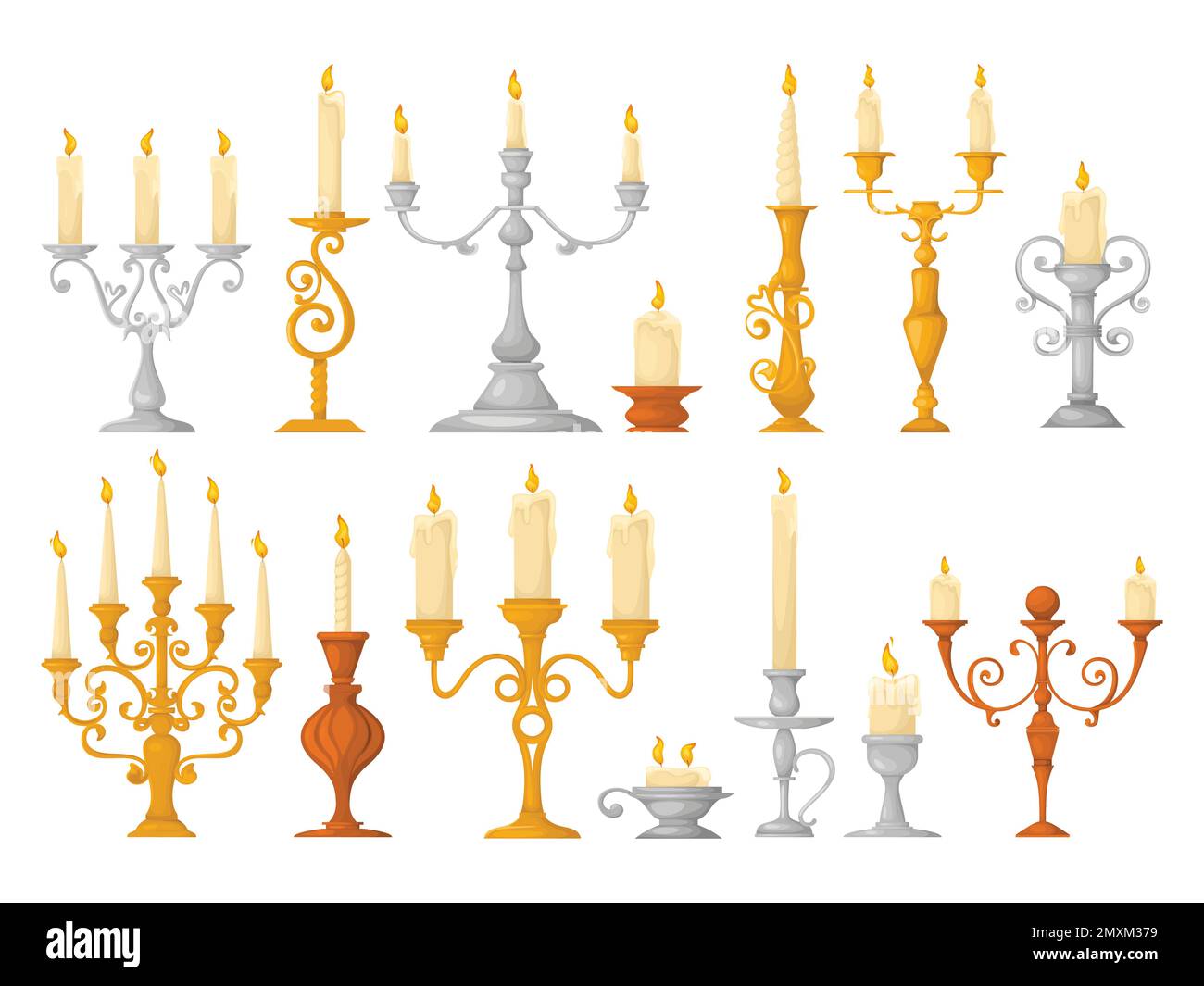 Retro candle holders chandelier set of isolated images with baroque ...