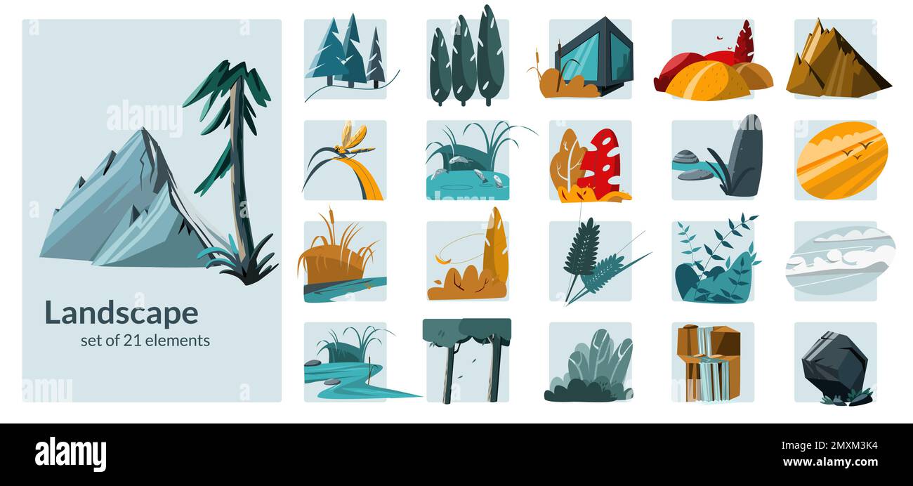 Landscape nature flat set with isolated square compositions of doodle ...