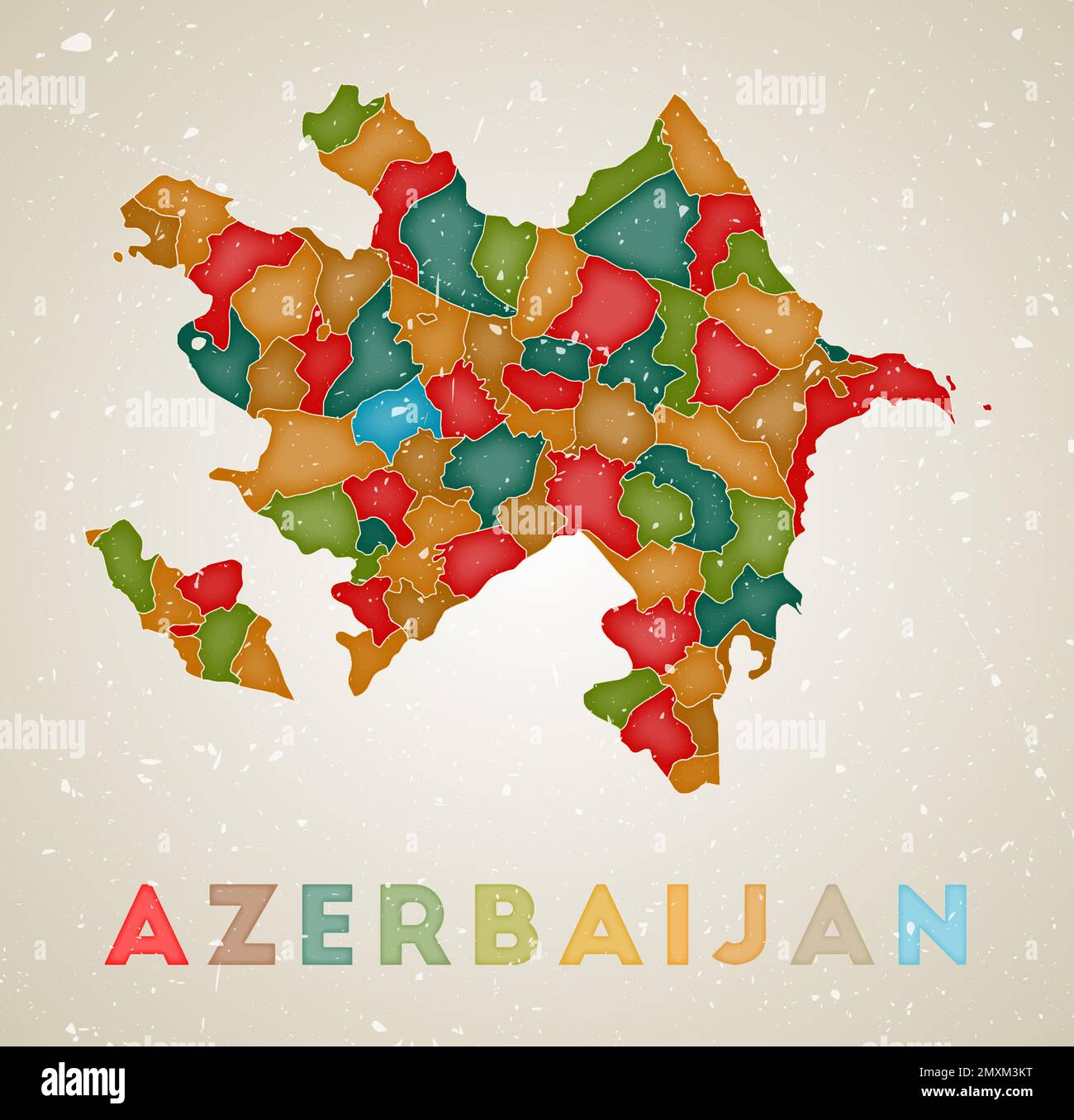 Azerbaijan map. Country poster with colored regions. Old grunge texture ...