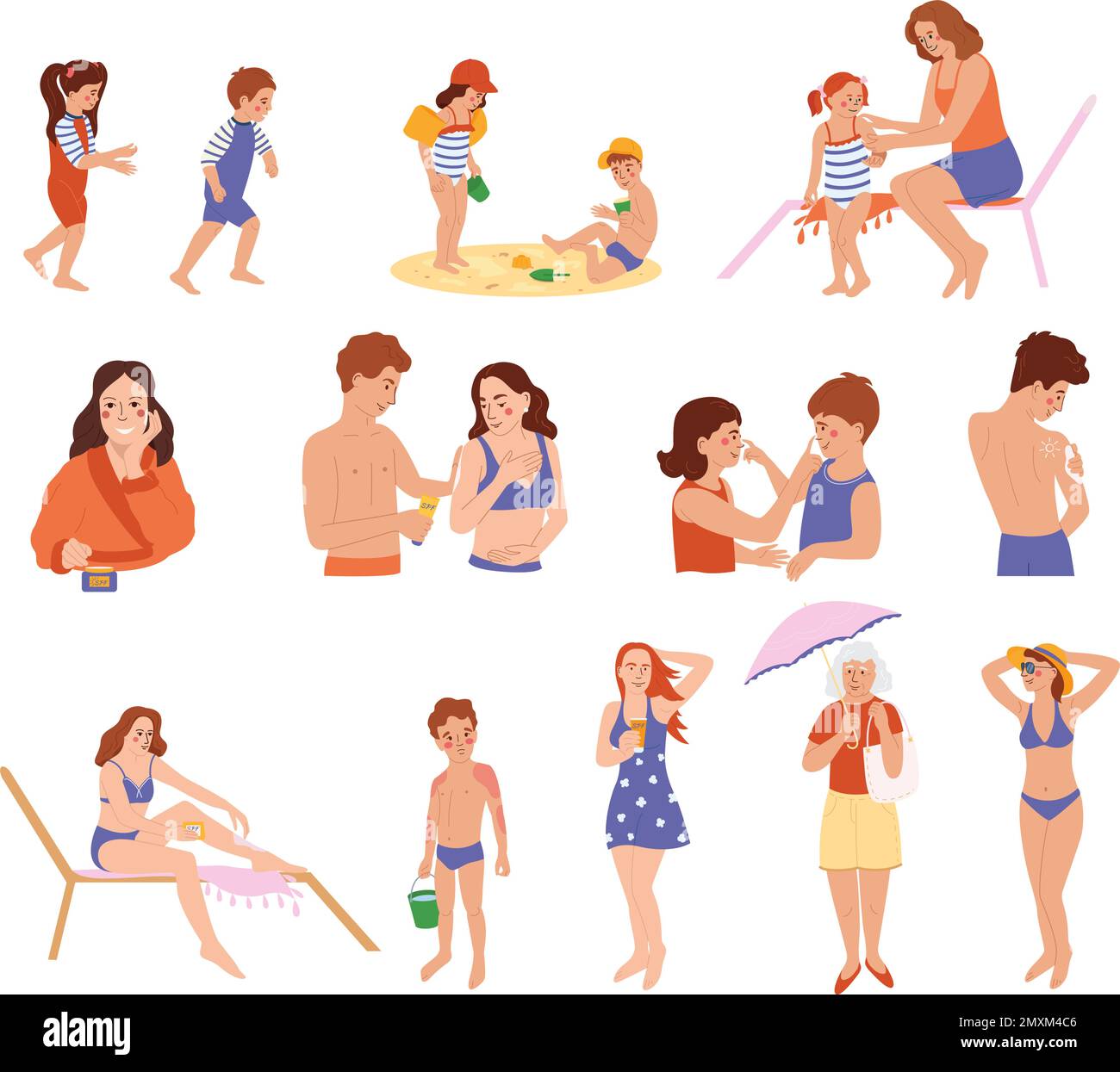 Sun Protection Set With Flat Isolated Icons And Doodle Human Characters