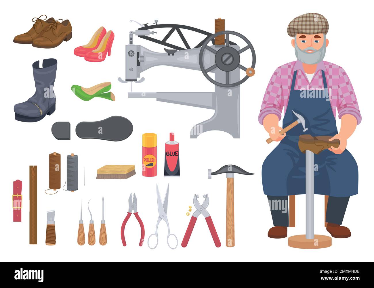 Shoes repairing service flat set with isolated icons of boots cobbler ...