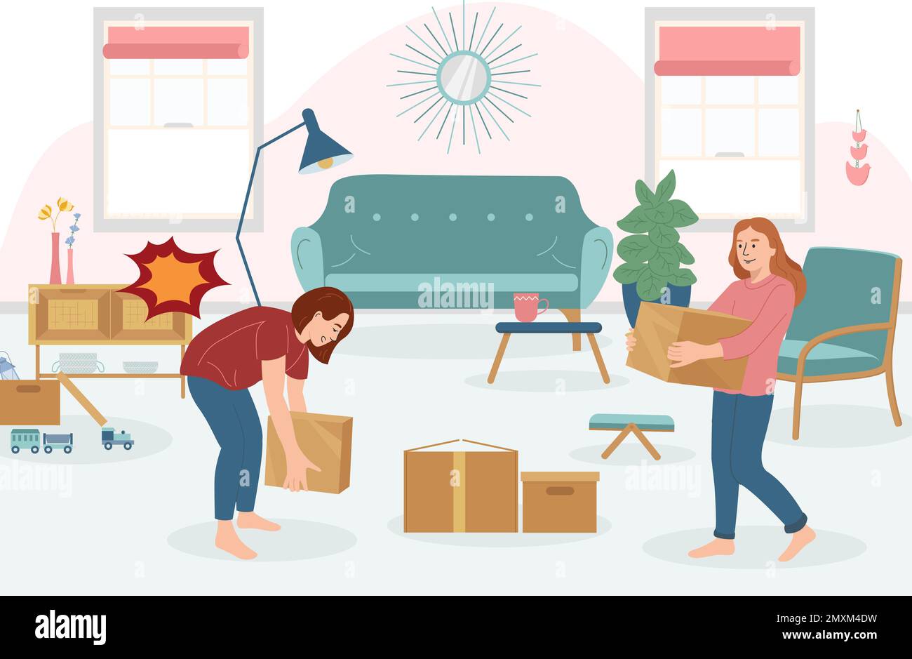 Household injuries flat composition with indoor view of living room ...