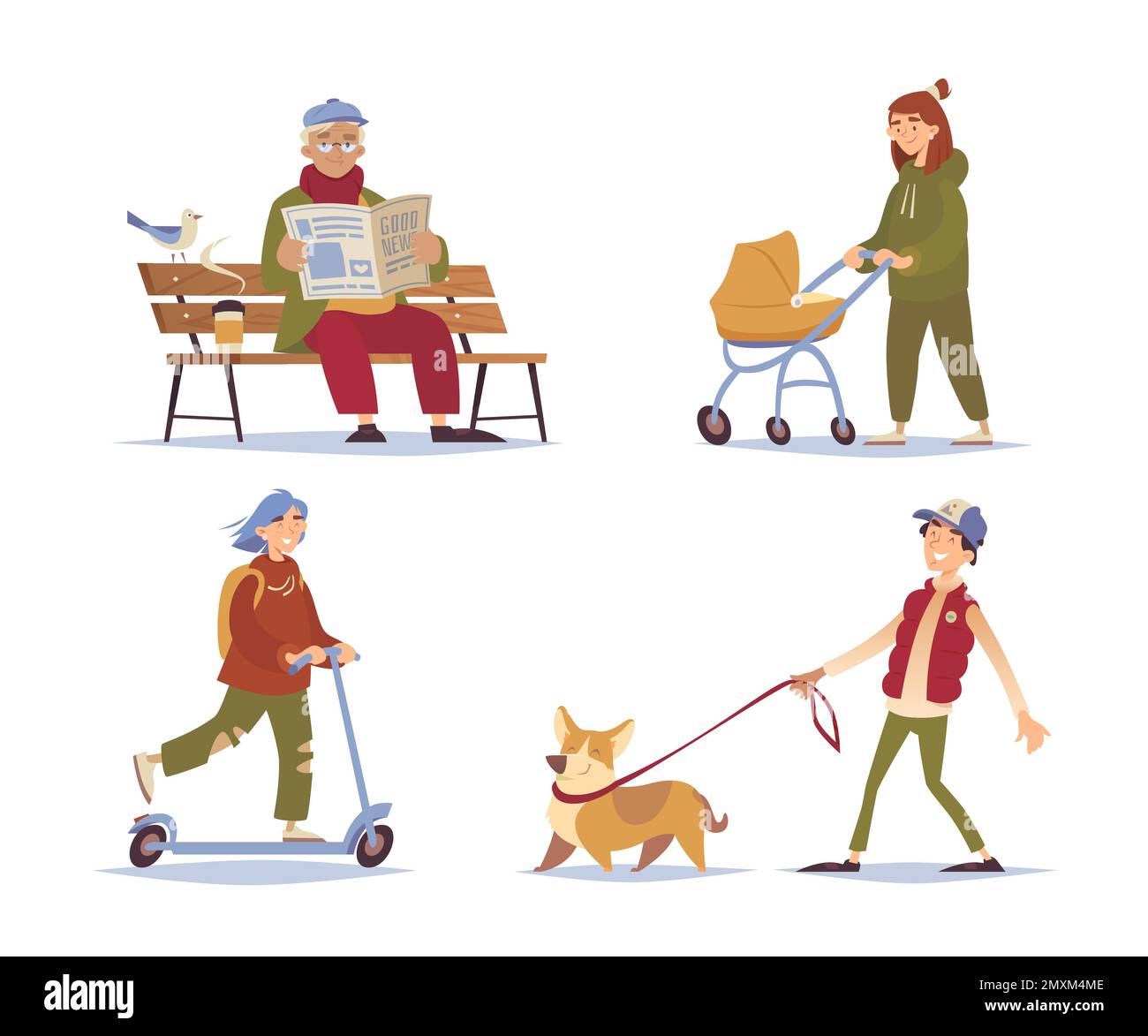 Cartoon set of happy people walking riding scooter reading newspaper in ...