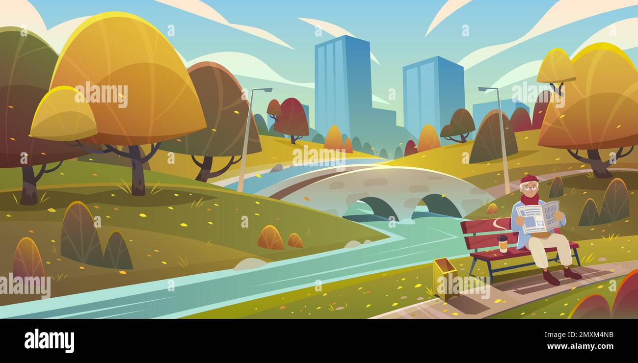 Cartoon autumn landscape of city park with river bridge fallen leaves ...