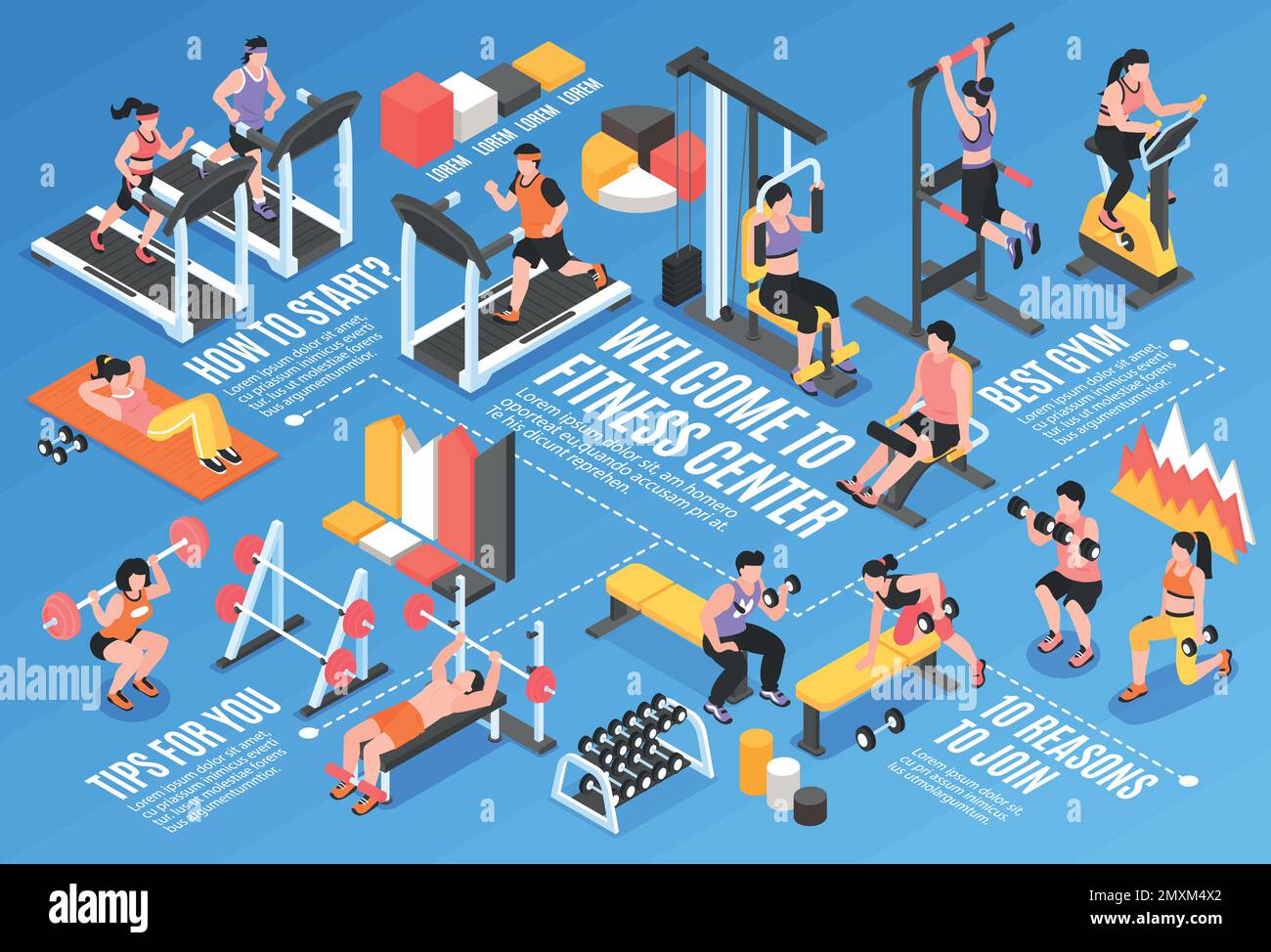 Isometric gym fitness flowchart with people doing sports vector ...