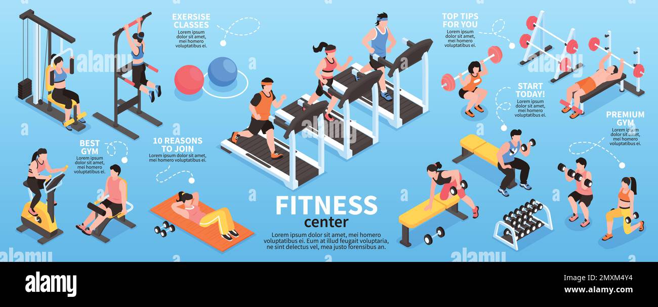 Isometric gym fitness center infographics with people doing sport ...
