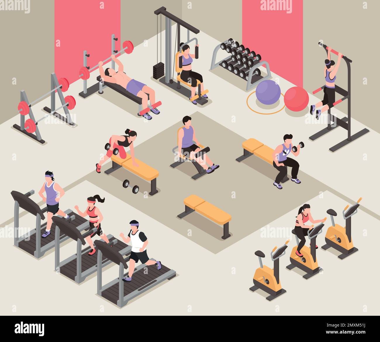 Isometric fitness club concept with gym space and people traning vector illustration Stock ...