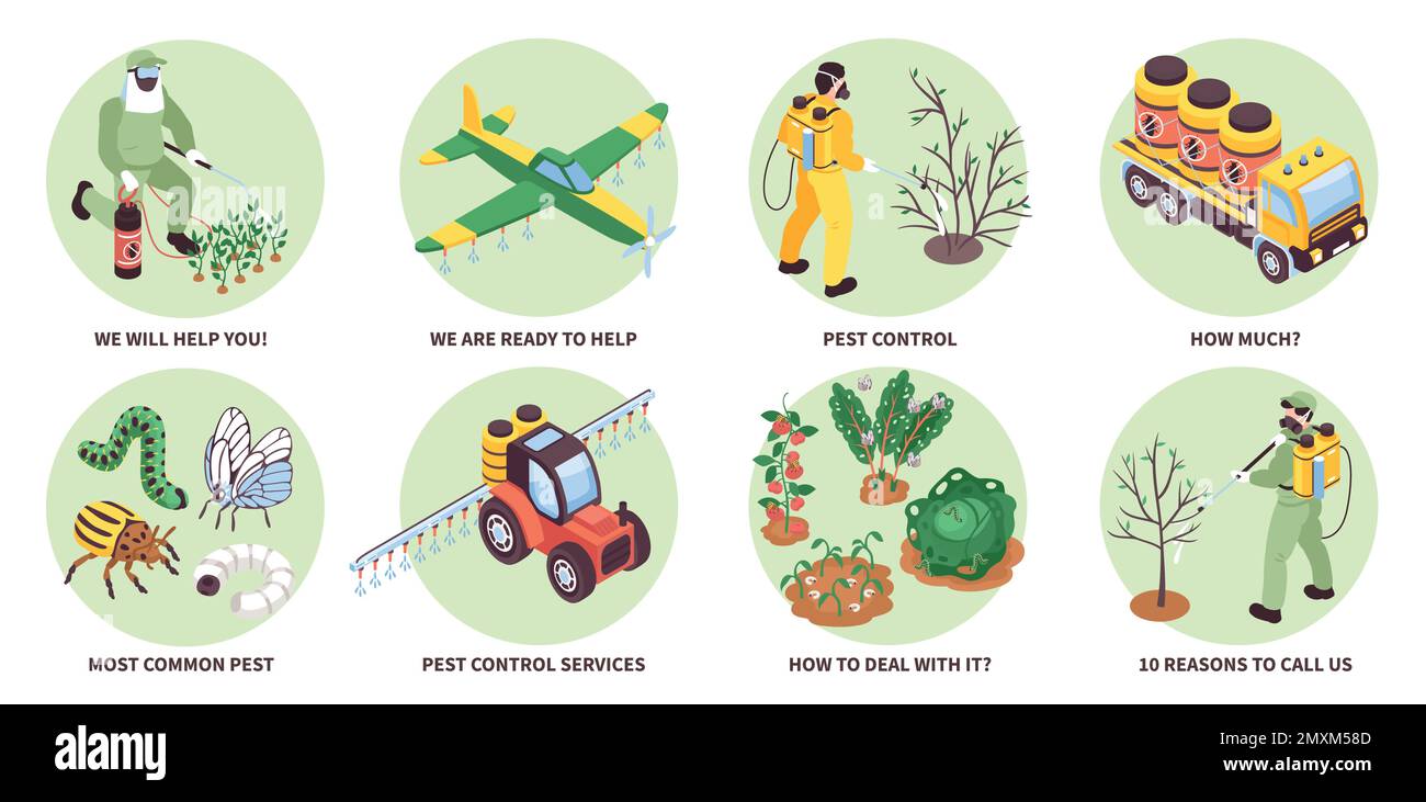 Isometric agriculture pest control compositions set with farm workers ...